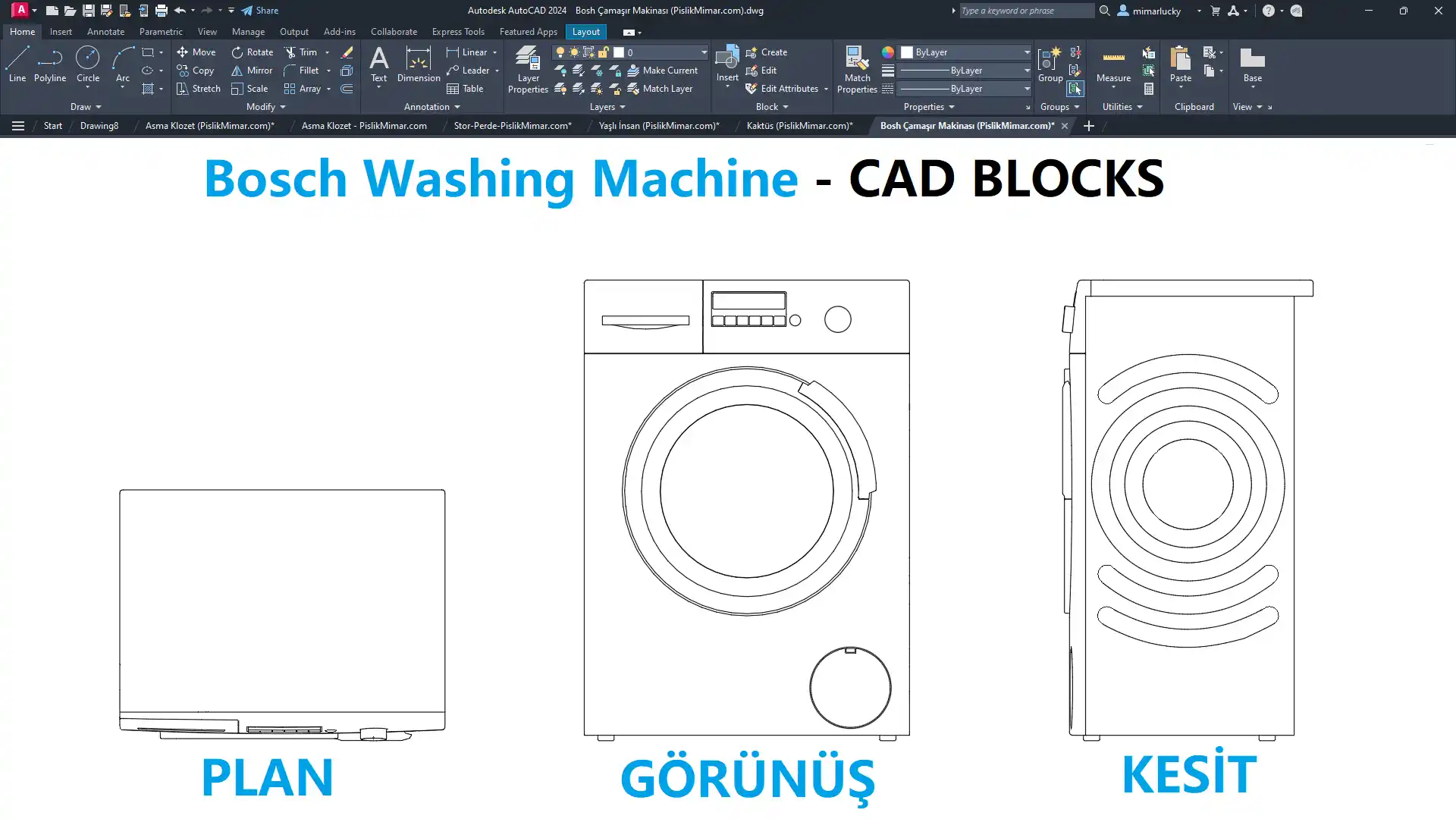 ⏬ Bosh Çamaşır Makinası - DWG (Bosch Washing Machine CAD Blocks ...