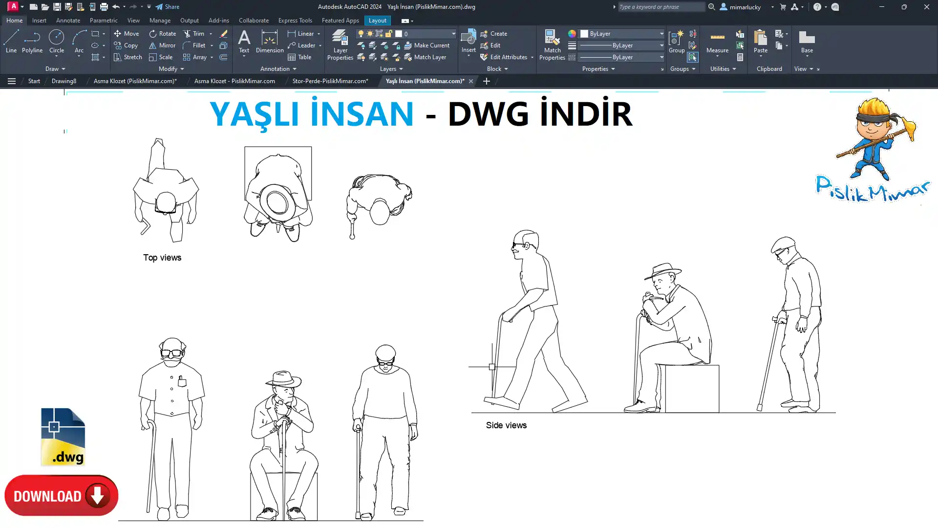 ⏬ Yaşlı İnsan - DWG (Old Man CAD Blocks) | Pislik Mimar