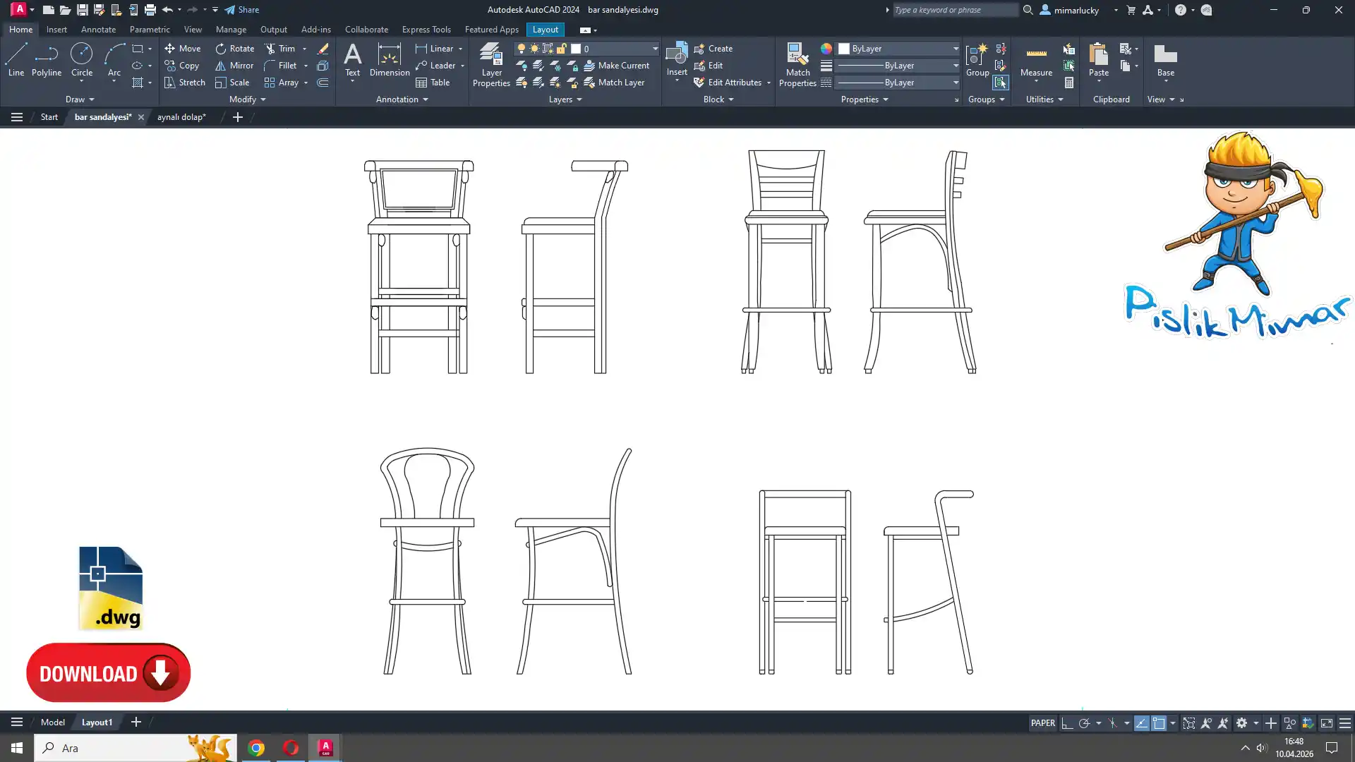 ⏬ Bar Sandalyesi - DWG (Bar Stool) | Pislik Mimar