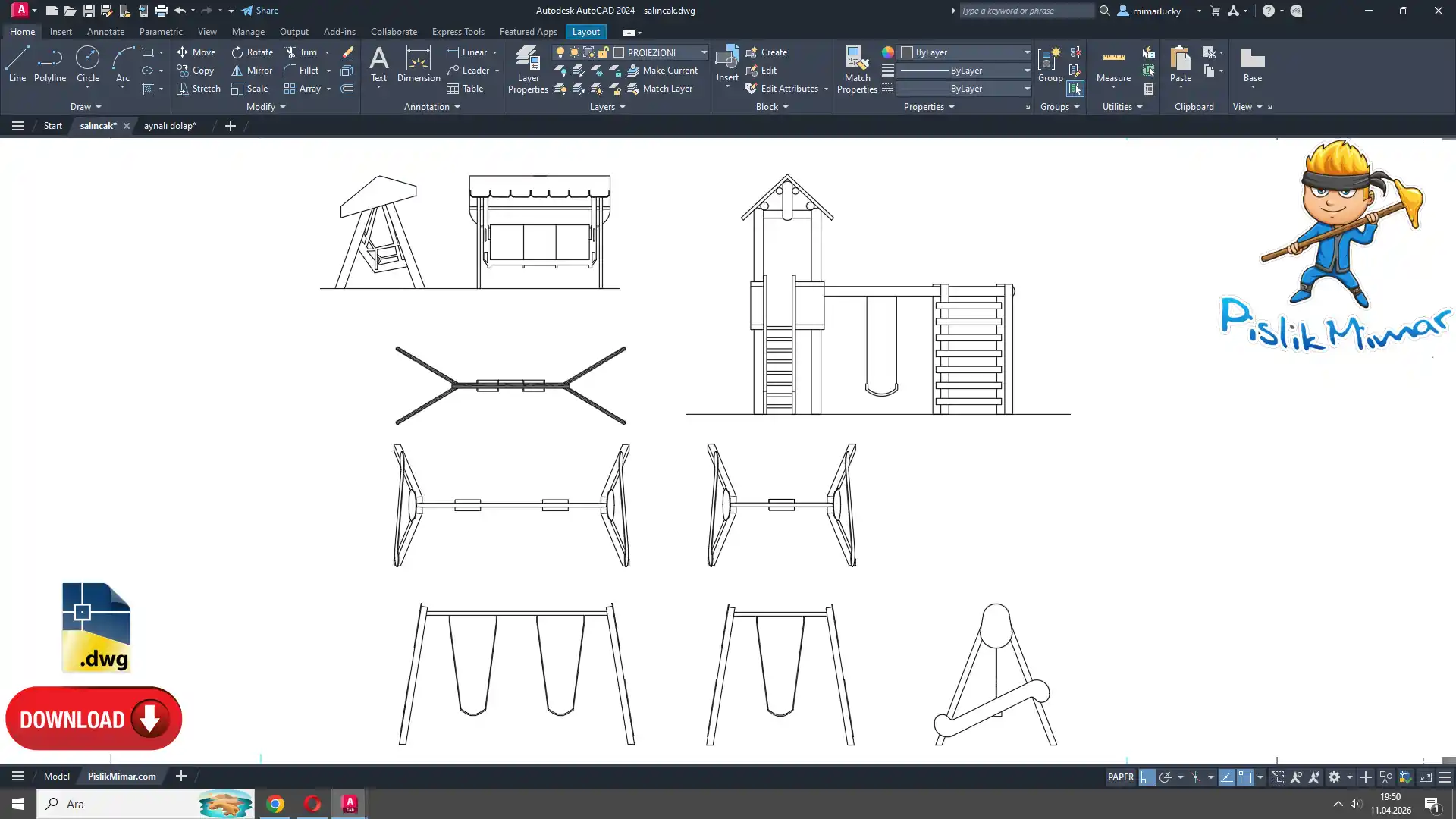 ⏬ Salıncak - DWG (Swing Cad Block) | Pislik Mimar